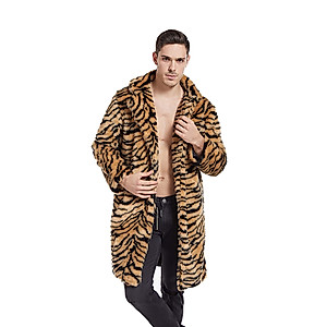 UMREN Mens Warm Yellow Tiger Faux Fur Coats Jacket Long Luxury Overwear Parka Cardigans Yellow Tiger 4X