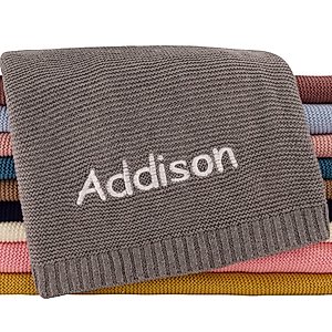 Personalized Knit Blanket Boys and Girls Embroidered Baby's with Our Luxuriously Soft and Warm Throw Super Soft Comfort and Breathable Knit Baby Blanket for Crib, Stroller, Car - 32 X 42 Inch – Grey