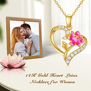 14K Gold Birth Flower Necklace for Women,Yellow Gold Created Moissanite Heart Pendant Orchid/Lotus Necklaces,Dainty Birth Month Floral Jewelry Gifts for Birthday Valentines Anniversary,16''-18'' (07-Jul-Lotus)