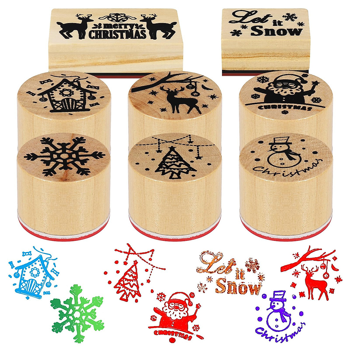 Auidy_6TXD 8 Pieces Christmas Wooden Stamp Set with Stamp Pad for Printing Stamps, Christmas Stamp Ink Set for Children DIY Scrapbooks Guest Gift