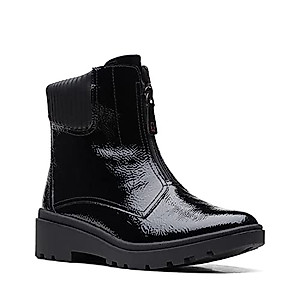 Clarks Women's Calla Zip Mid Calf Boot, Black Crinkle Patent Synthetic, 7