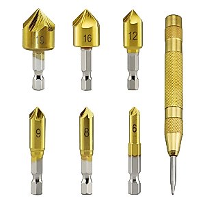 Countersink Drill Bit Set 6 Pcs 5 Flute Counter Sinker Drill Bits and 90 Degree Center Punch Tools HSS 1/4" Hex Shank for Wood Metal Quick Change 6-19mm (7)