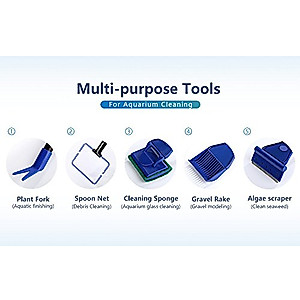 AquaticHI 5 in 1 Aquarium/Fish Tank Cleaning Kit/Tool, Algae Scraper, Fish Net, Sponge, Plant Fork, Gravel Rake, Length 19 inches (Non-Extendable)