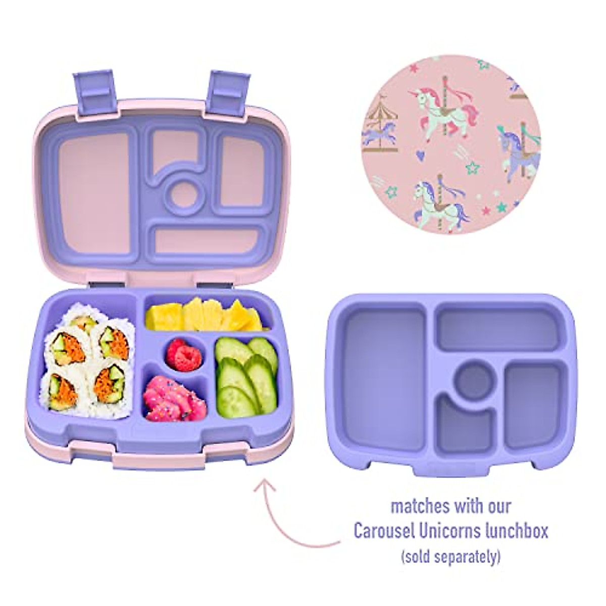 Bentgo® Kids Prints Tray with Transparent Cover - Reusable, BPA-Free, 5-Compartment Meal Prep Container with Built-In Portion Control for Healthy Meals At Home & On the Go (Carousel Unicorns)