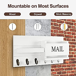 Lwenki Mail Organizer for Wall Mount – Key Holder with Shelf Includes Letter Holder and Hooks for Hallway Farmhouse Decor – Rustic Wood with Flush Mounting Hardware (16.5” x 9.1” x 3.4”) (White)