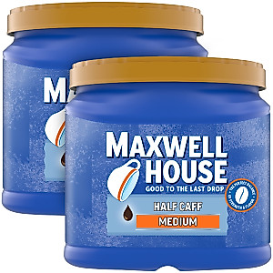 Maxwell House Half Caff Medium Roast Ground Coffee with 1/2 the Caffeine (2 ct Pack, 25.6 oz Canisters)