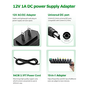 Arkare 12V 1A AC/DC Power Supply Adapter 12Volt Replacement Power Cord Wall Charger AC 100V-240V to DC 12Volt 1Amp 0.5A Transformer for Security Camera BT Speaker GPS Webcam Router Scanner with 10TIPS