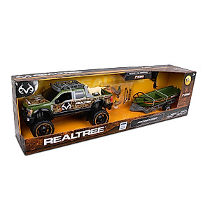 NKOK Realtree Camo 1/18 Scale Free-Wheel Playset 11-PC, Ford F-250 Super Duty w/Fishing Boat & Trailer & Accessories: Roof Rack, Light Bar, Working Doors & Tailgate, Hunter, Dog, 2 Ducks, Bow&Arrows