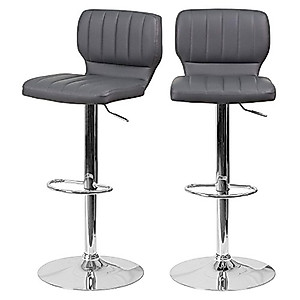 KLS Modern Barstools Adjustable Hydraulic 360 Degree Swivel Stable Steel Frame Padded Vinyl Cushion Low Back Seat Design Dining Chair Pub Stool - Set of 2 Grey # 1969