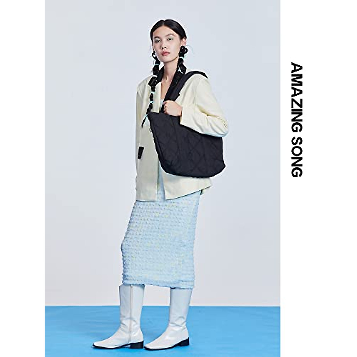 Amazing Song Large Quilted Tote Bag for Women, Puffer Shoulder Bag Designer Handbag Work Shopper with Zipper Down Tote, Soft Black