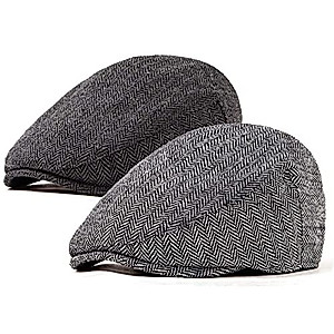 LADYBRO 2 Pack Black+Grey Tweed Newsboy Cap Retro Wool Hat for Men Flat Cap Ivy Hat Cap Golf Hat Size: 7 1/4, fits hc 21 5/8" - 22 3/4"