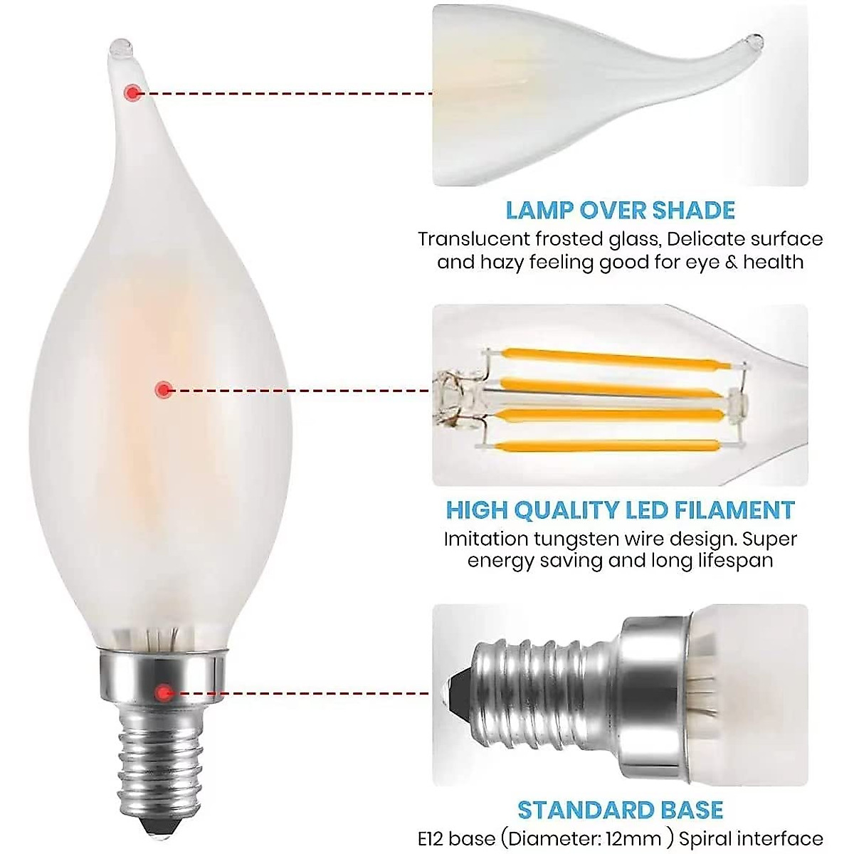 E12 LED Candelabra Bulb,4W Vintage Edison Style Light Bulbs, 40 Watt Equivalent,2700K Warm Soft White 400LM, Dimmable Candle Bulbs, C35 Frosted Glass Flame Shape Bent Tip（6pack）