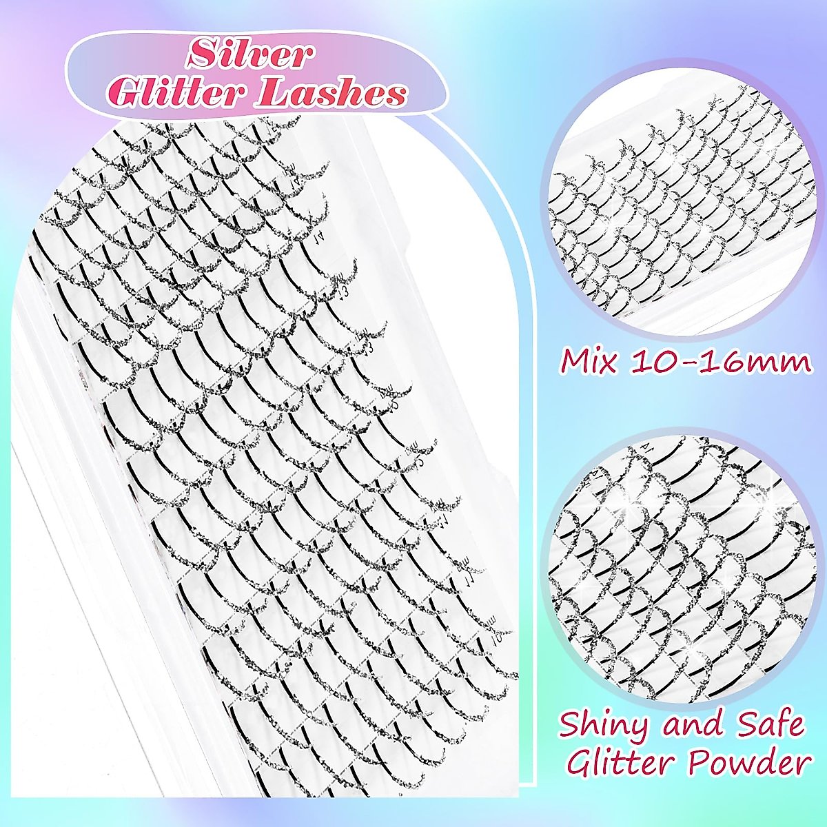 Dansib Glitter Lash Extensions D Curl 11-16mm Colored Single Lash with Eyelash Applicator, Spike DIY Individual Eyelashes with Eyelash Extension Tweezers Set for Daily Party Wedding（Silver）