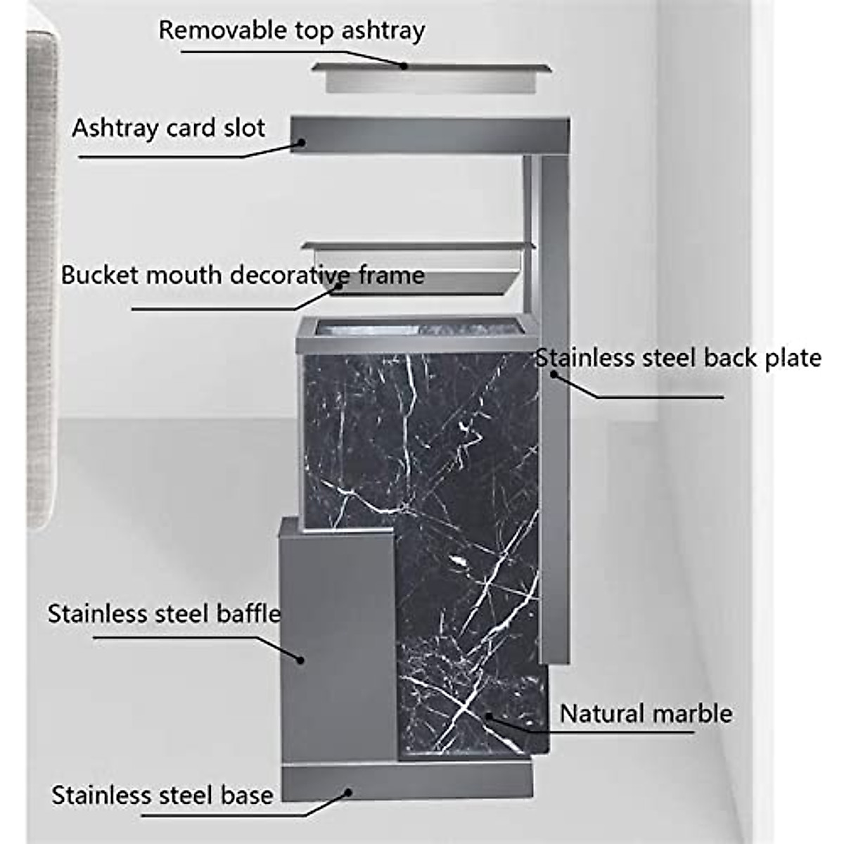 Trash Bin Trash Can Wastebasket Ashtray Garbage Bin 12L Luxury Stainless Steel Trash Can Marble Waste Bin With Ashtray Hotel Lobby Vertical Outdoor Large Garbage Bin Garbage Can Waste Bin ( Color : On
