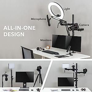 Mount-It! All in One Live Streaming Equipment | 5 Arm Streaming Desk Mount That Holds Dual Monitors, Cameras and Ring Light with Mic | YouTube Setup for Recording and Facebook Live Equipment