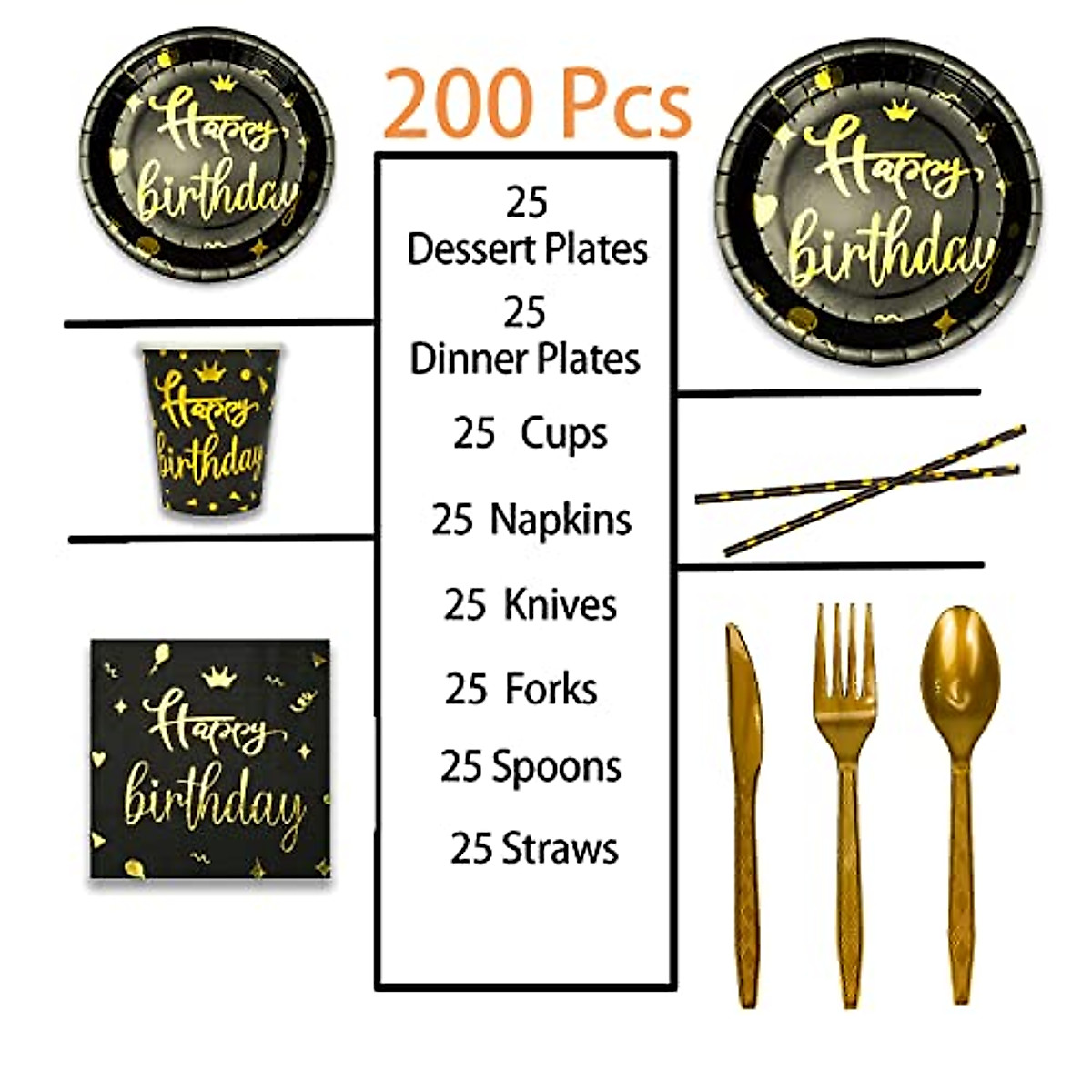 200 Pieces Gold Disposable Party Dinnerware Set &Golden Dot Disposable Birthday Party Dinnerware - Black Paper Plates Napkins Cups, Gold Plastic Forks Knives Spoons