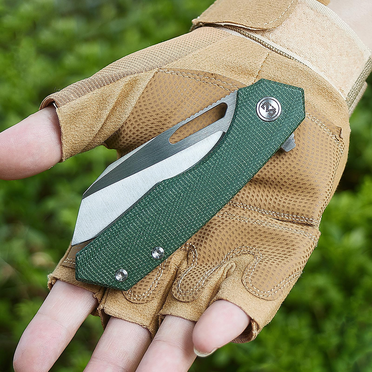 Miguron Knives M Keryx Flipper Folding Knife 3.17" Satin 14C28N Blade Green Micarta Handle With Titanium Pocket Clip Camping Hiking Pocket Knife MGR-813MGN