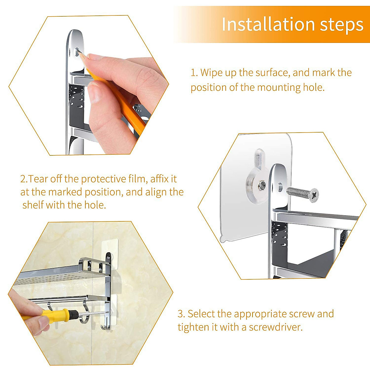 8-Set Adhesive Screws Wall Mount Hanging Nails No-Trace No Drilling Stick-on Sticky Screw with 3 Different Size Screw for Bathroom Kitchen Storage Room Tile Wall Shower Room