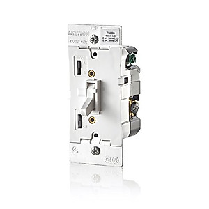 Leviton TSL06-1LW Toggle Slide Universal Dimmer, 300-Watt Dimmable LED and CFL, 600-Watt Incandescent and Halogen for Single Pole or 3-Way, with Locator Light, 1-Pack, White
