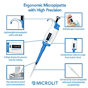 MICROLIT - 3-Piece Pipettes Set, Pipettes with Adjustable Volume, Highly Calibrated and Accurate Micropipette Set with 0.5-10ul, 10-100ul and 100-1000ul Liquid Capacity