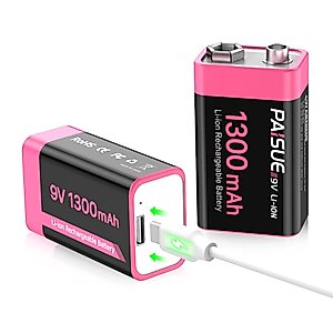 9V Rechargeable Batteries, 1300mAh High Capacity Lithium-ion Long Lasting 9 Volt Batteries with 2 in 1 USB C Fast Charging Cable for Smoke Alarms,Microphone,Multimeters,Toys,Game Controllers (2 Count)