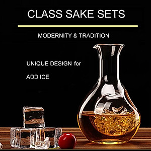 Japanese Sake Set Cold 4 Ochoko Cups (50ml) +1 Tokkuri Bottle (300ml) Lovely Hole for add ice Refrigeration Sake Pot Dispenser Double Walled Sake Cup Glass Decanter Carafe Gift for Sake Lover Party