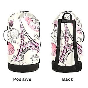 Romantic Travel In Paris Laundry Backpack Bag with Drawstring Closure Waterproof Laundry Bag Laundry Hamper Clothes Storage for College Travel Laundromat Apartment