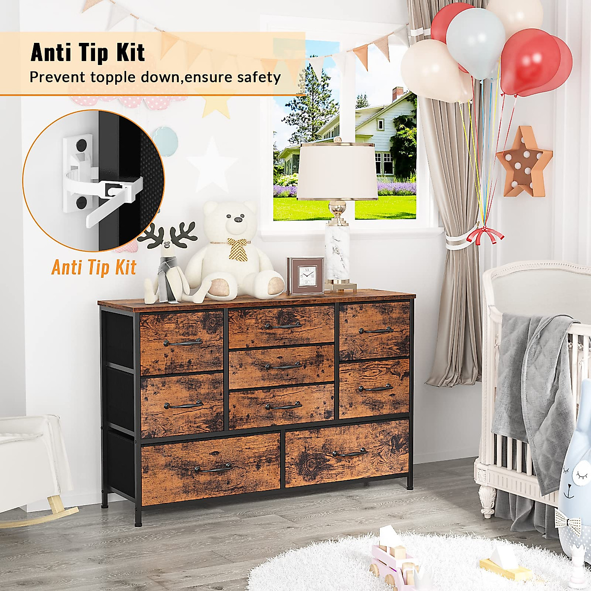 Furnulem Wide Dresser with 9 Large Drawers for 55'' Long TV Stand Entertainment Center,Wood Shelf Storage for Bedroom,Living Room,Closet,Entryway,Sturdy Metal Frame (Rustic Brown