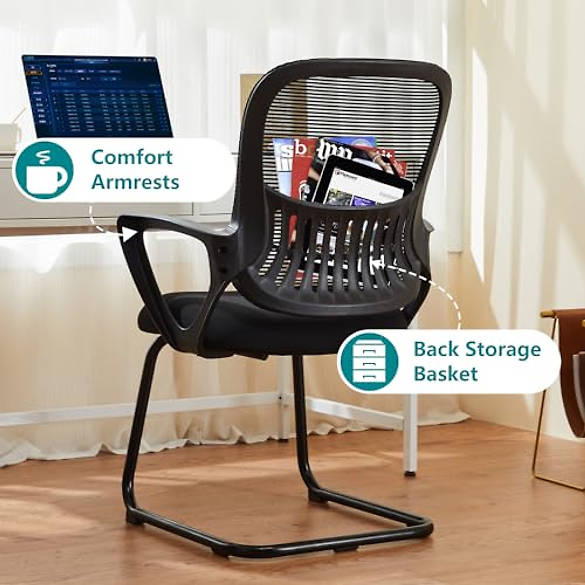 SMUG Desk Chair No Wheels Set of 2, Mid Back Computer Chair Ergonomic Mesh Office Chair with Larger Seat, Executive Sled-Base Task Chair with Lumbar Support and Armrests for Women Adults, Black