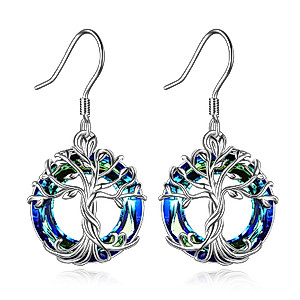 TOUPOP Earrings for Women Sterling Silver Tree of Life Dangel Drop Hooks Earrings with Blue Circle Crystal Christmas Birthday Valentiens Mothers Day Jewelry Gifts for Women Mom Her