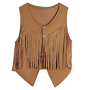 Pistha Women Tassel Vest 70s Hippie Sleeveless Faux Suede Rivets Fringe Vest Waistcoat Jacket Cowgirl Outfits(Brown,M)