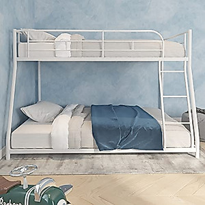 Lostcat Metal Bunk Bed Twin Over Full Size,Heavy Duty Low Bunkbeds with Ladder & Safety Guard Rails,for Kids Teens Adults,Space Saving & No Box Spring Need,White