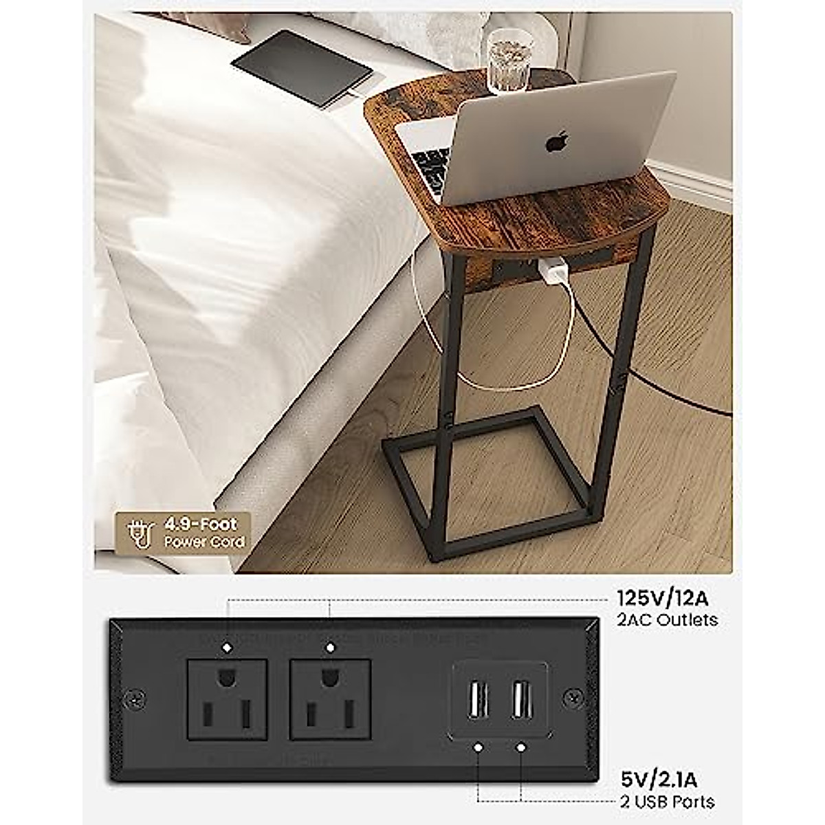 Hzuaneri L Shaped End Table with Charging Station, Bed Side Table with USB Port & Outlet, Couch Table, C Snack Table for Living Room, Bedroom, Rustic Brown and Black ET04901B