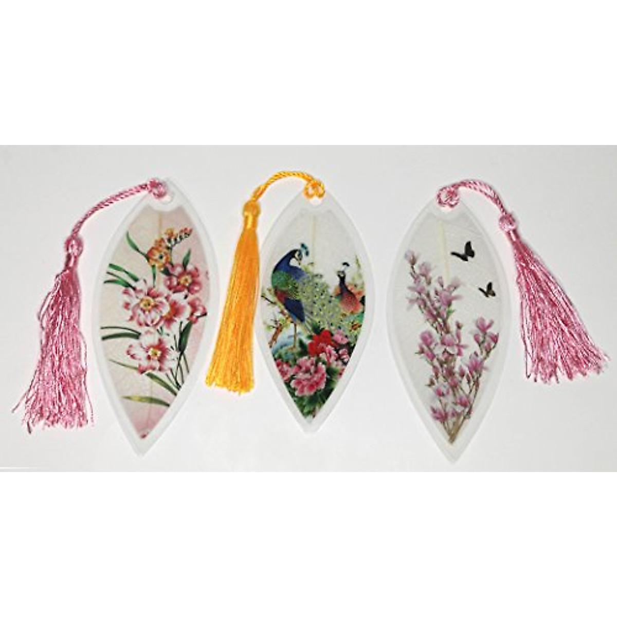 Lucore Home Leaf Bookmarks - Peacocks and Pink Flowers Asian Painting Lucky Charm, Ornament, Hanging & Wall Decor, Art Decoration - 3 Pcs, Made of Real Leaves