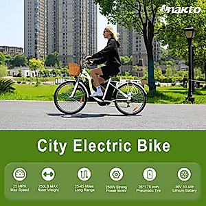 NAKTO Electric Bike 26" Electric Bicycle for Adults 250W Brushless Gear Motor 6-Speed Gear E-Bike with Removable Waterproof Large Capacity 36V10.4A Lithium Battery and Battery Charger