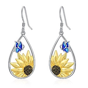 Sunflower/Dragonfly/Daisy Teardrop Dangle Earrings 925 Sterling Silver Boho Bohemian Sunflower Hook Earrings for Women Mothers Day Jewelry Gifts