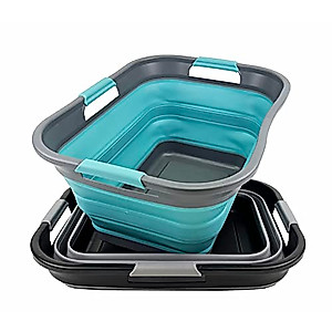 SAMMART 30L (8 gallon) Set of 2 Collapsible Plastic Laundry Basket - Foldable Pop Up Storage Container/Organizer - Portable Washing Tub - Water capacity: 24L (6.3 gallon) (Alloy Grey + Crystal Blue)