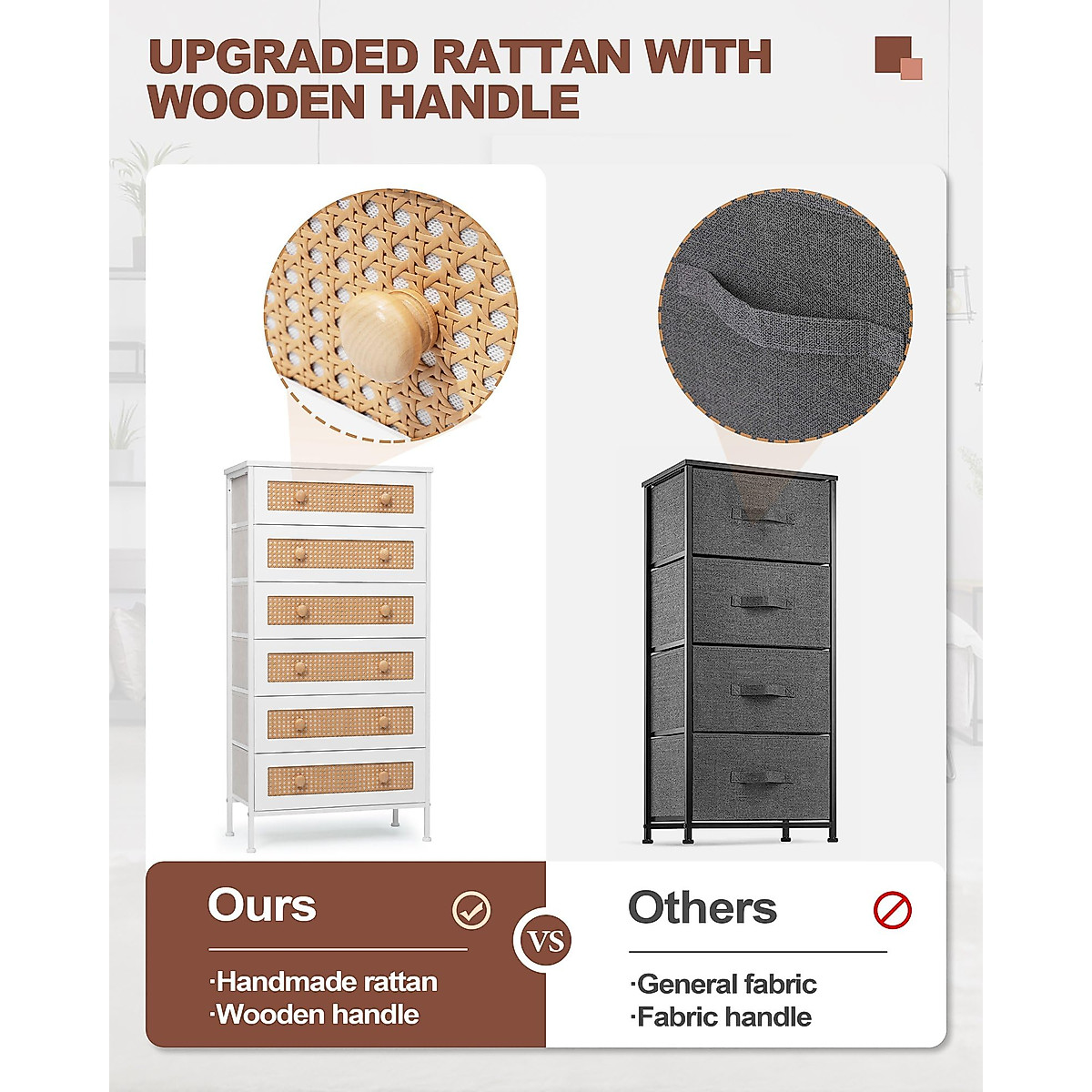 Crestlive Products Rattan Dresser Storage Tower, Tall Fabric Dresser, Chests of Drawers, Wood Top &Wood Handles - Organizer Unit for Bedroom, Hallway, Entryway, Closets - 6 Drawers (White)