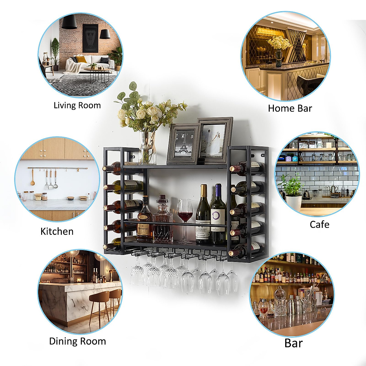 GOLASON Wall Mounted Wine Rack with Glass Holder, Metal Bottle Holder Wine Storage Display Rack for Home Bar Dining Room Kitchen (31.5 Inch, Black)