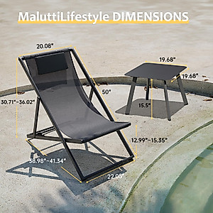 MaluttiLifestyle Outdoor Reclining Lounge Chairs and Aluminum Table, Set of 2 Rust-Proof Lightweight Foldable Patio Sling Chairs Adjustable Lounge Chairs with Aluminum Frames and Headrest, Gray