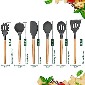 E-far Cooking Utensils Set of 6, Silicone Kitchen Utensils with Wooden Handle, Non-stick Cookware Friendly & Heat Resistant, Includes Spatula/Ladle/Slotted Turner/Serving Spoon/Spaghetti Server(Gray)