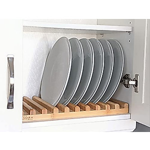 Stock N Wares Bamboo Dish Rack, Regular(0.8" Holder Width 10 Slots), Stylish Low Profile Plate Stand, Dish Drying Rack, Cabinet Plate Stand, 15.56" Lx10 Wx1.38 H (39.53cmx25.40cmx3.49cm)