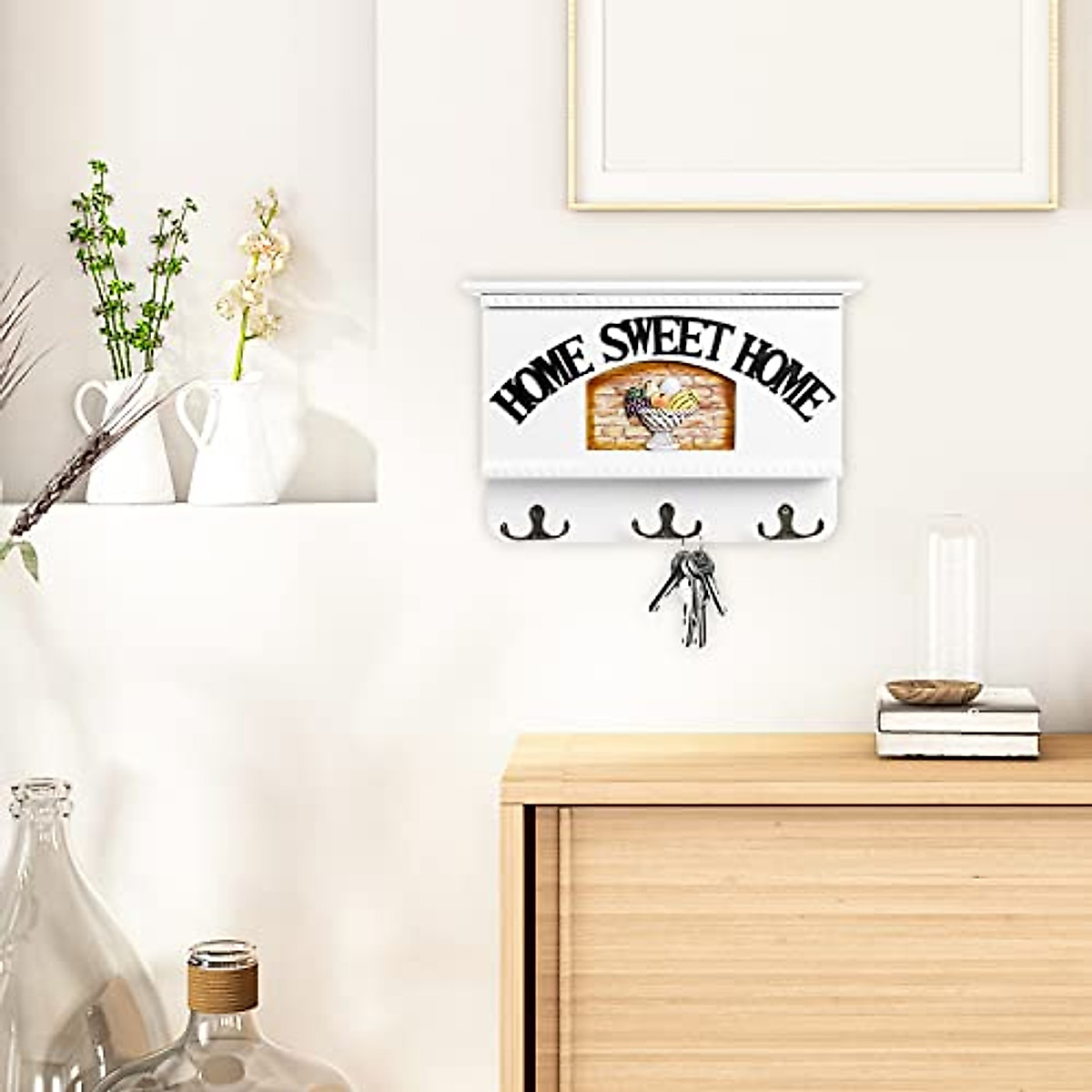 HRONRAD Farmhouse Key Holder for Wall Decorative, Home Sweet Home Decor, 3 Double Metal Key Hooks and 4 Hidden Push & Pull Cover Key Hangers, Rustic Wooden Wall Mounted Key Racks for Entryway (White)