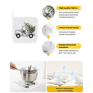 2 PCS Pot Holders with Hanging Loops, Christmas Heatresistant Potholders Coasters Mat for Kitchen Cooking Baking BBQ Classic Old World Car Xmas Green Pine Tree