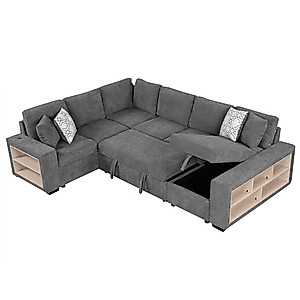 Acosure 109" U-shaped Sectional Pull-out Sofa Bed with Storage Chaise,2-in-1 Convertible Couch W/ 4 Back Pillows & 2 USB Ports,Luxurious Sleeper Furniture Set for Living Room Large Space,Grey Chenille