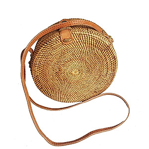 GQZ Handwoven Round Rattan Bag (Plain Weave Leather Closure), Straw Bag