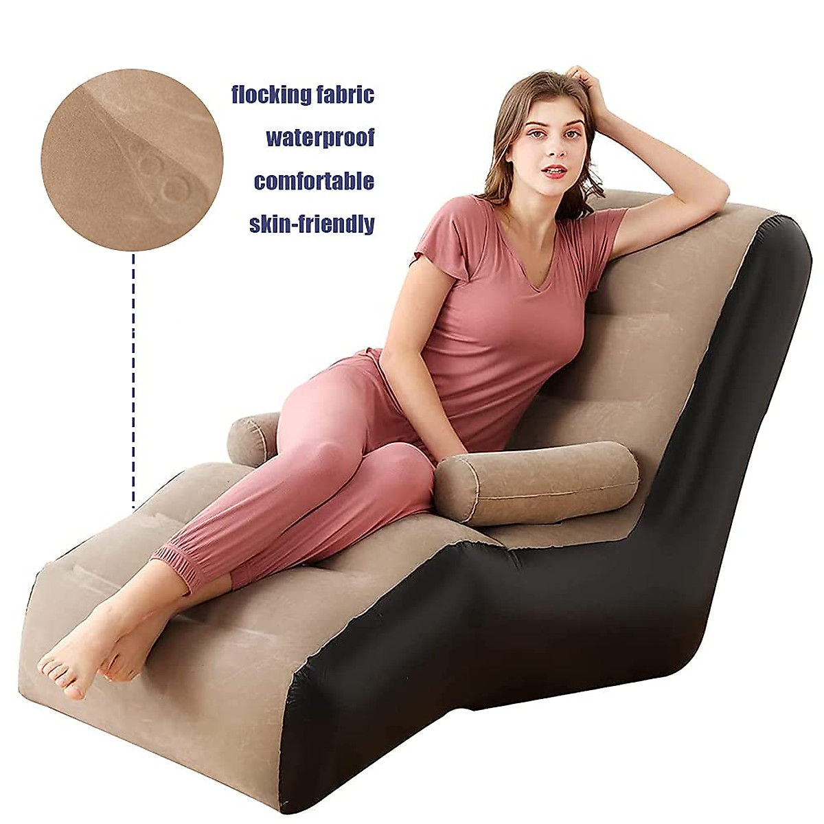 PLKO Inflatable Chaise with Household air Pump，Lounger Sofa for Indoor Living Room Bedroom, Outdoor Travel Camping Picnic,Brown