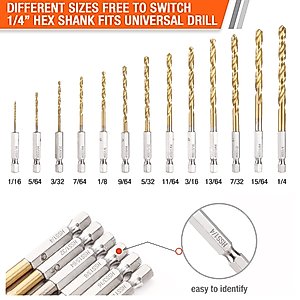 ValueMax Drill Bit Set, Hex Shank Impact Drill Bits with Storage Box, Titanium Coated HSS Twist Drilling Bit Kit for Soft Metal, Wood, PVC, Quick Change Design(13PC, 1/16"-1/4")