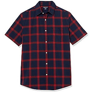 Amazon Essentials Men's Short-Sleeve Stretch Poplin Shirt (Available in Big & Tall), Navy Red Buffalo Plaid, Medium