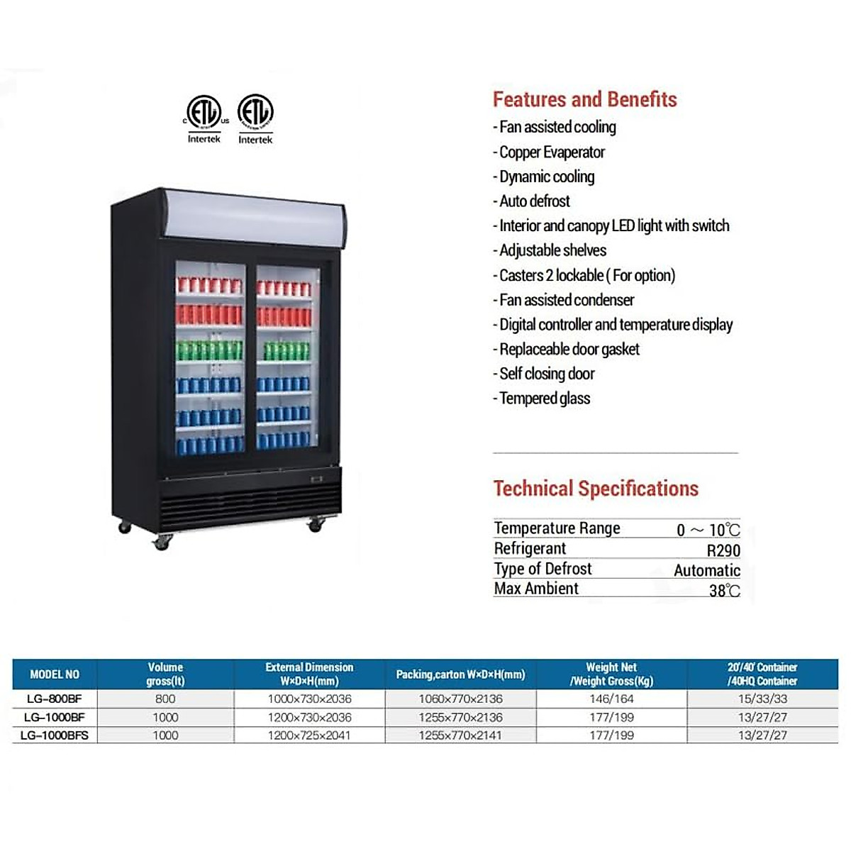 Commercial Refrigerator Glass 2-Door Sliding Door Merchandiser Display Cooler Beverage Fridge Drink cooler NSF Certified, 48 inches width, capacity 40 cuft 110V, Restaurant Kitchen Cafe LCG-1000BFS